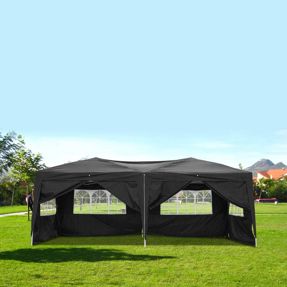 10x20 Ft Easy Pop up Canopy, Waterproof Party Tent, Adjustable Height Outdoor Gazebo w/ 6 Removable Sidewalls & 4 Windows for Patio Backyard Porch Garden Beach, Carry Bag Included (Black)