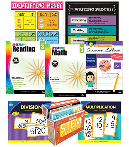 Carson Dellosa 3rd Grade Homeschool Learning Kit—Spectrum Reading and Math Workbooks, Cursive Handwriting Workbook, Division and Multiplication Flash Cards, Posters, and STEM Activities (8 pc)