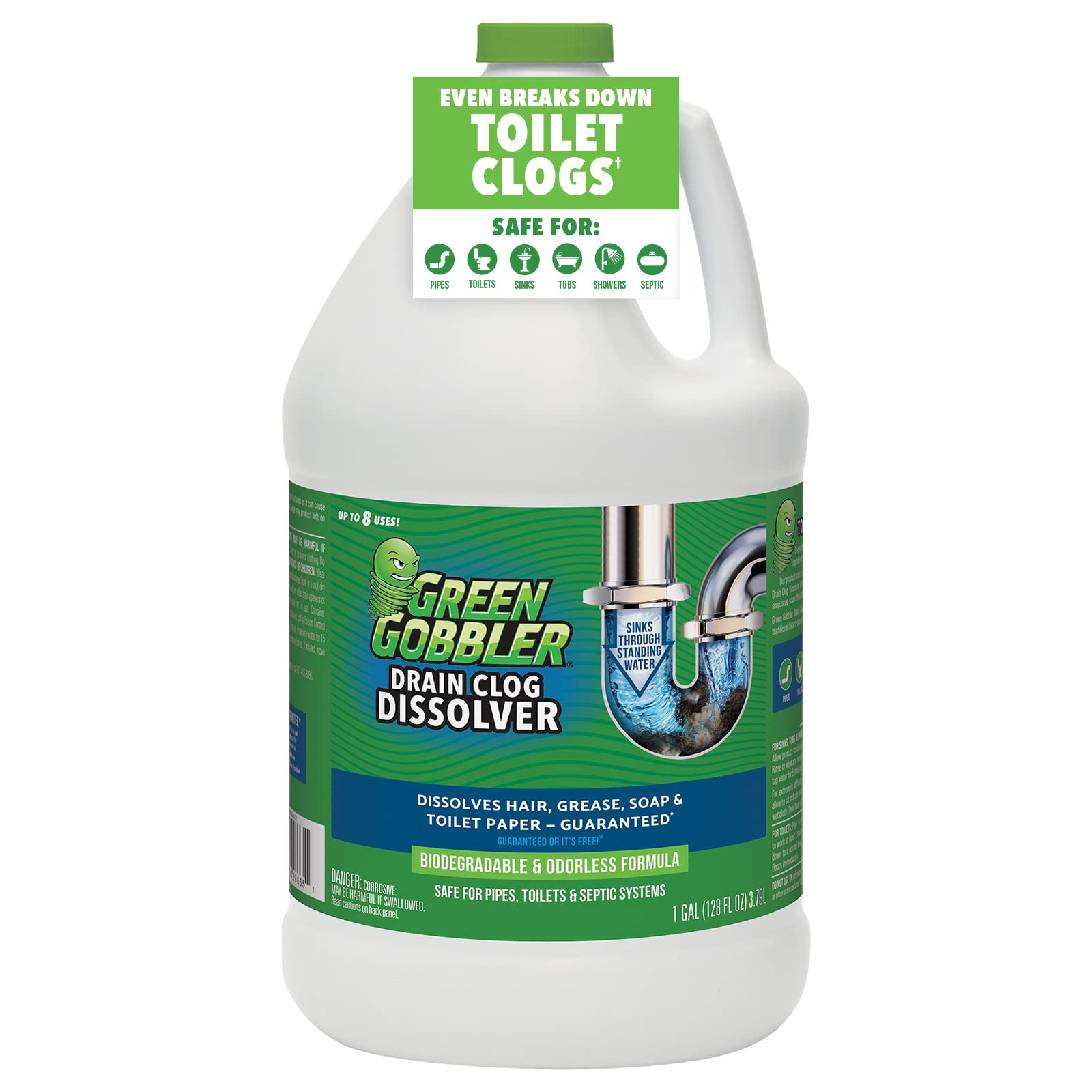 Green Gobbler Drain Clog Remover | Toilet Clog Remover | Dissolve Hair & Organic Materials from Clogged Toilets, Sinks and Drains | Drain Cleaner and Opener, 128 oz