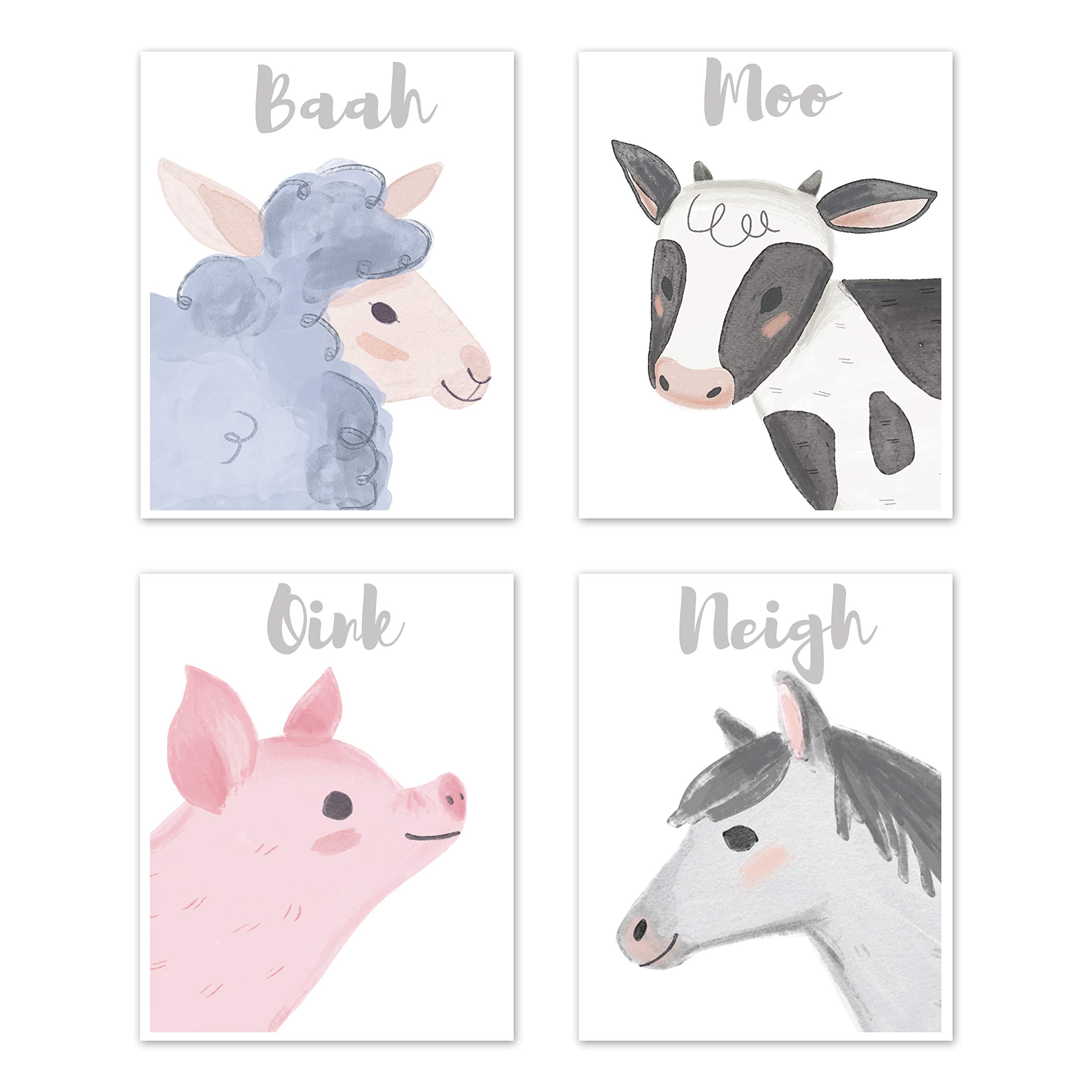 Sweet Jojo Designs Farm Animals Wall Art Prints Room Decor for Baby, Nursery, and Kids - Set of 4 - Watercolor Farmhouse Horse Cow Sheep Pig