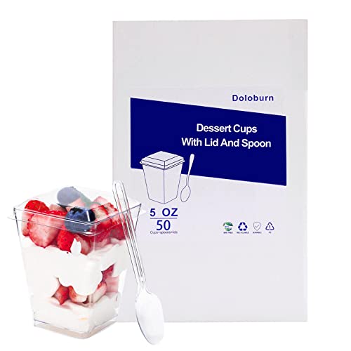 50Pack 5oz Square Dessert Cups with Lids and Spoons, Parfait Cups Clear Dessert Shooter Cups Appetizer Cups for Party with Pudding Fruit Ice Cream Cups