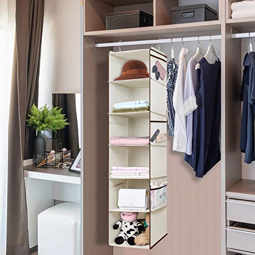 Univivi 6 Layer Closet Organizers and Storage, Hanging Shelves for Closet with 6 Side Pockets, Hanging Closet Shelves, Hanging Shoes Closet Sweater Organizer for Closet- Beige