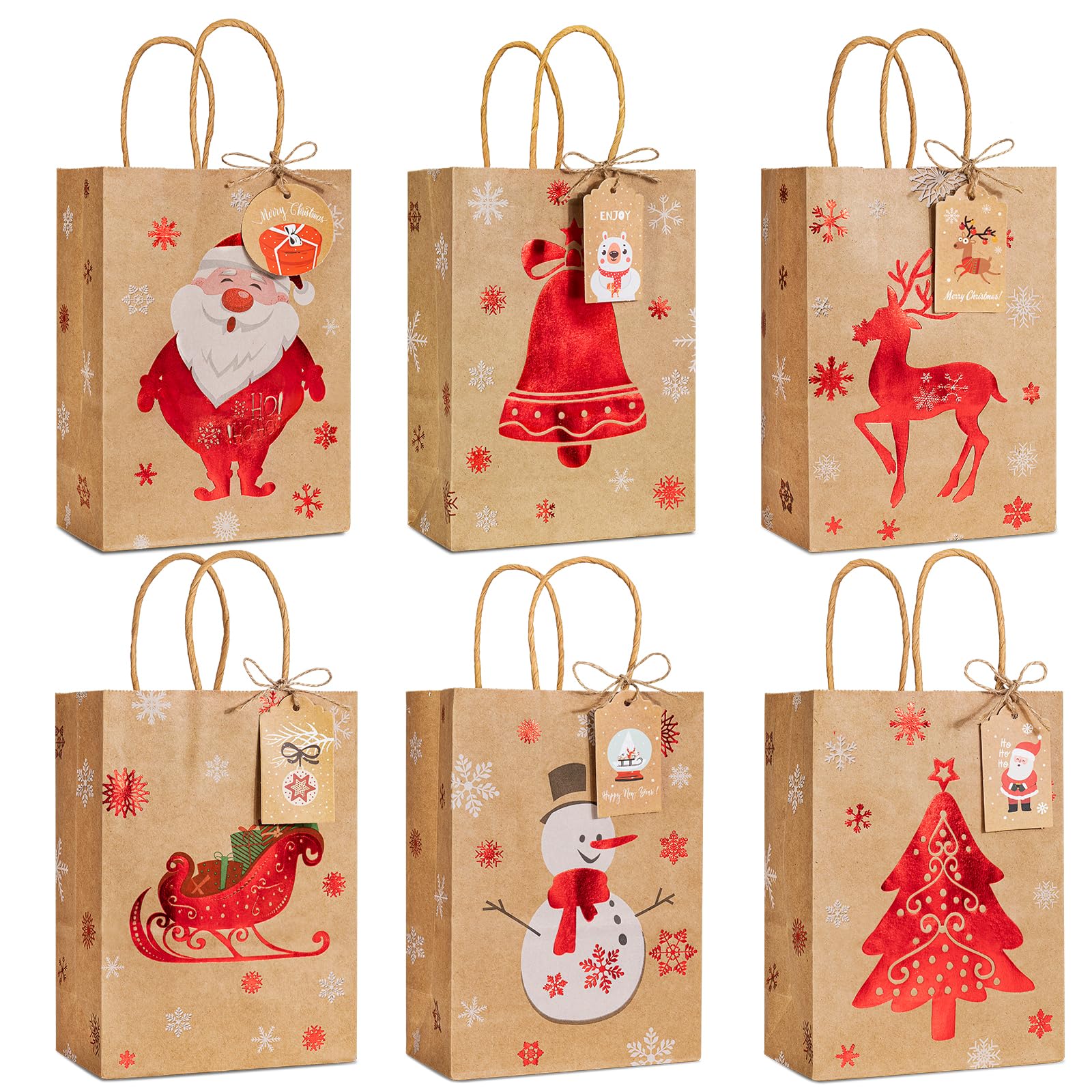 12PCS Christmas Kraft Gift Bags Treat Bags, Small Christmas Bags with Christmas Presents Tags, Christmas Paper Bags Goodie Bags with Handle, Xmas Holiday Gift Bags for New Year Classroom Party Favors