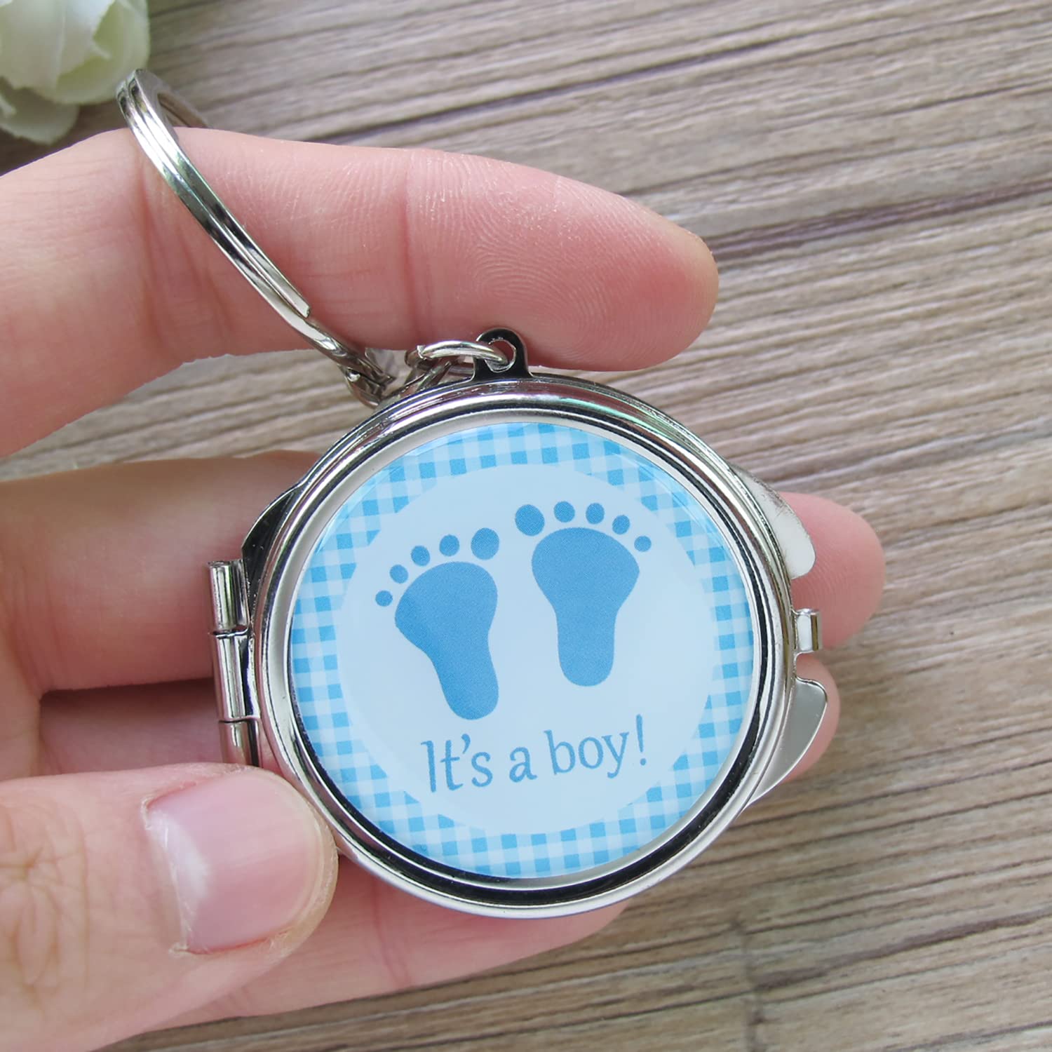 12 PCS Personalized Baby Shower Blue Boy Mirror Keychain Favors with Baby Footprint Design Custom Engraving Gift