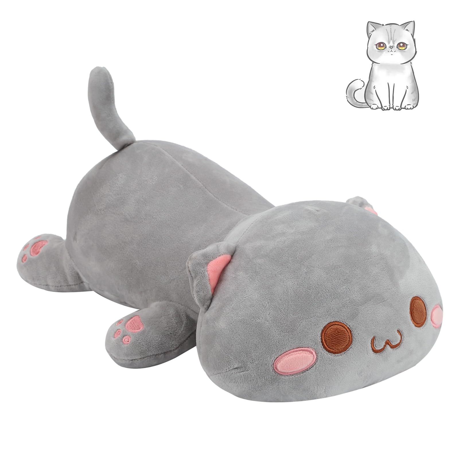 AFAN Cat Stuffed Animals Plush 13.7" Soft Cute Cat Plush Pillow Toys Kawaii Kitten Plushies Doll Gifts for Kids Girls Boys (Round Eyes, Grey)