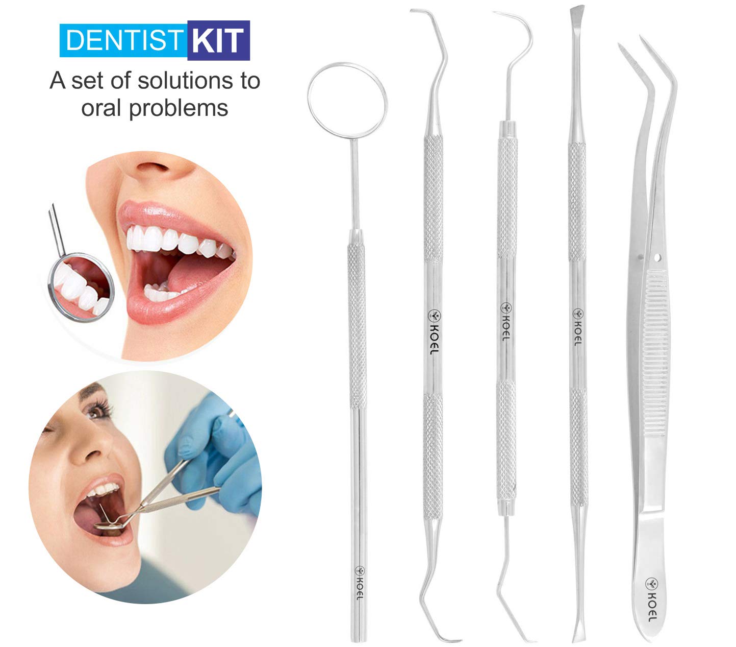 KOEL Dental Tools Kit Stick Oral Care Interdental Teeth Cleaning Teeth Whitening Dentist Floss Calculus Plaque Remover Probe, Mirror Dentist Kit (5P Dental Set)