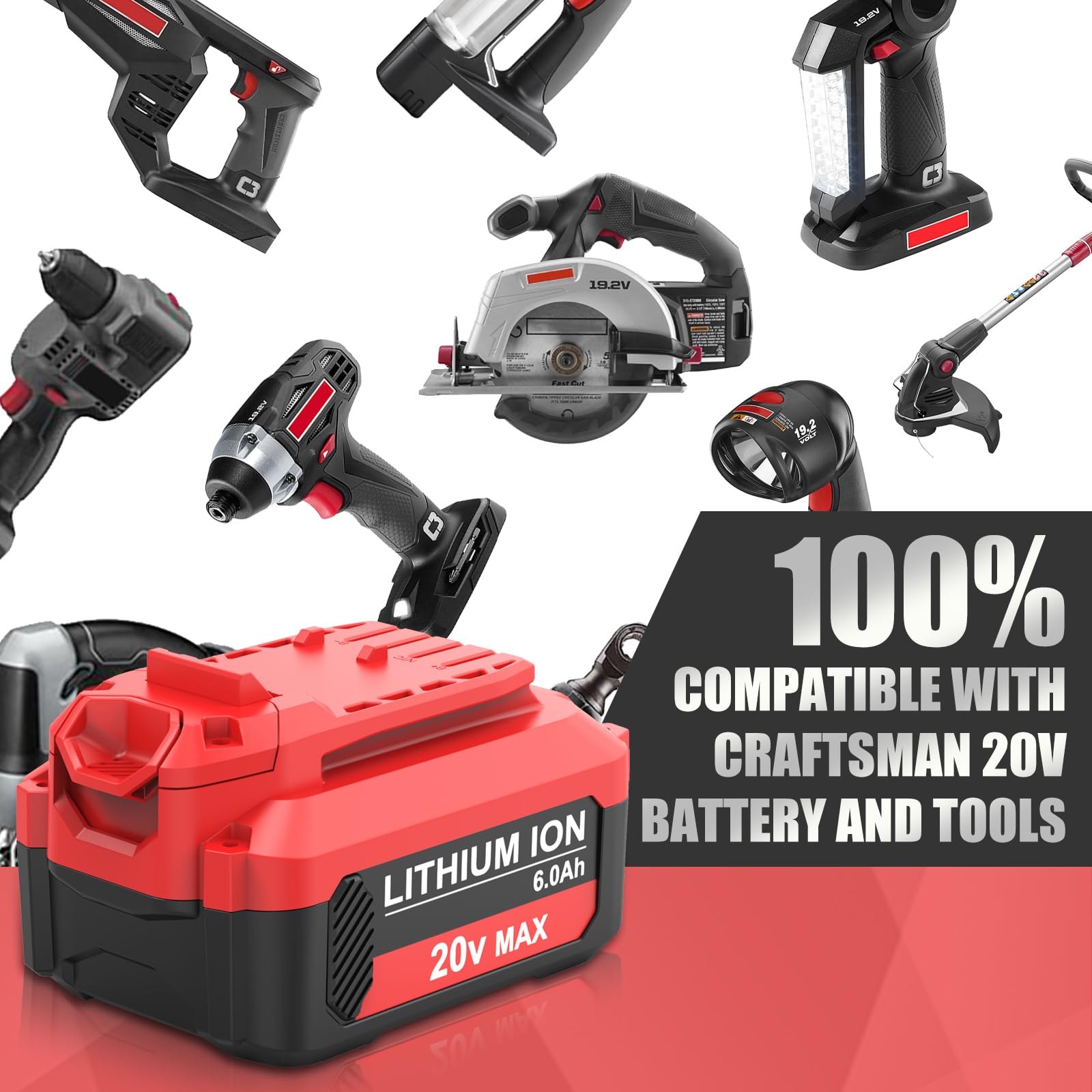 2PACK CMCB206 6000mAh Lithium ion Replacement Battery Compatible with Craftsman 20V Battery CMCB202 CMCB204 CMCB201 CMCB209 CMCB205 CMCS500 V20 Series Cordless Power Tool(Only for V20 Series)(Red)