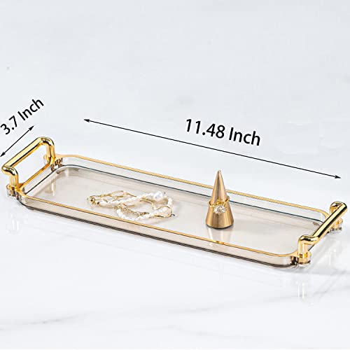2 Pack Plastic Serving Tray with Gold Handles, 12 x 4 inch Clear Amber Decorative Tray with 1”Wall, Long Narrow Coffee Table Tray Rectangular Tea Tray Decor with Gold Rim for Bar, Party, S, Halyuhn