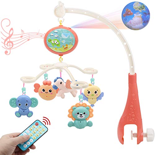 MARUMINE Baby Musical Crib Mobile with Night Light, Timer, Hanging Rattles, Nursery Ceiling Star Projector, Take Alone Music Box with Remote, Relaxing Soother Toys for Newborn Babies Boys Girls