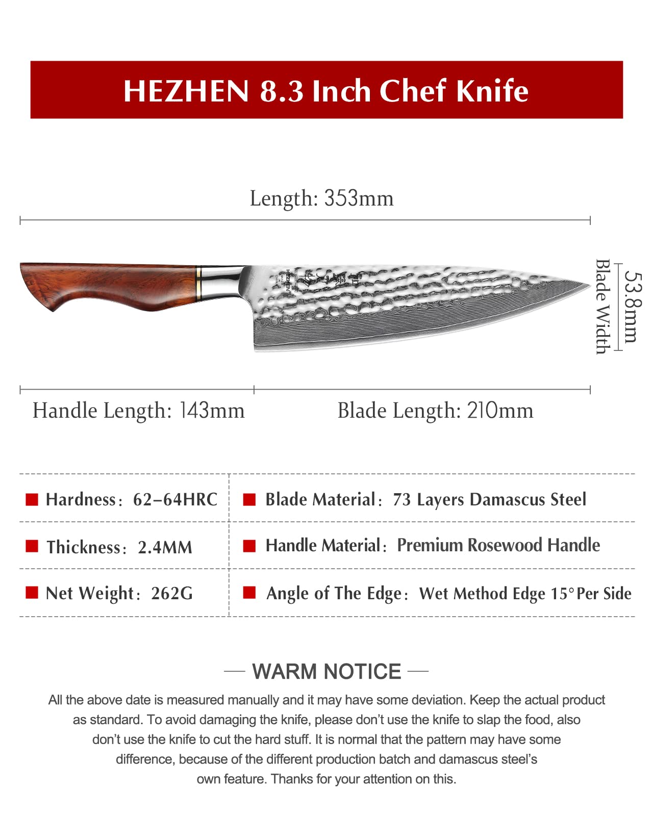 HEZHEN 8.3 Inches Damascus Chef Knife, Damascus Steel Powder Steel Kitchen KnifeHammered Pattern,Natural Rosewood Handle