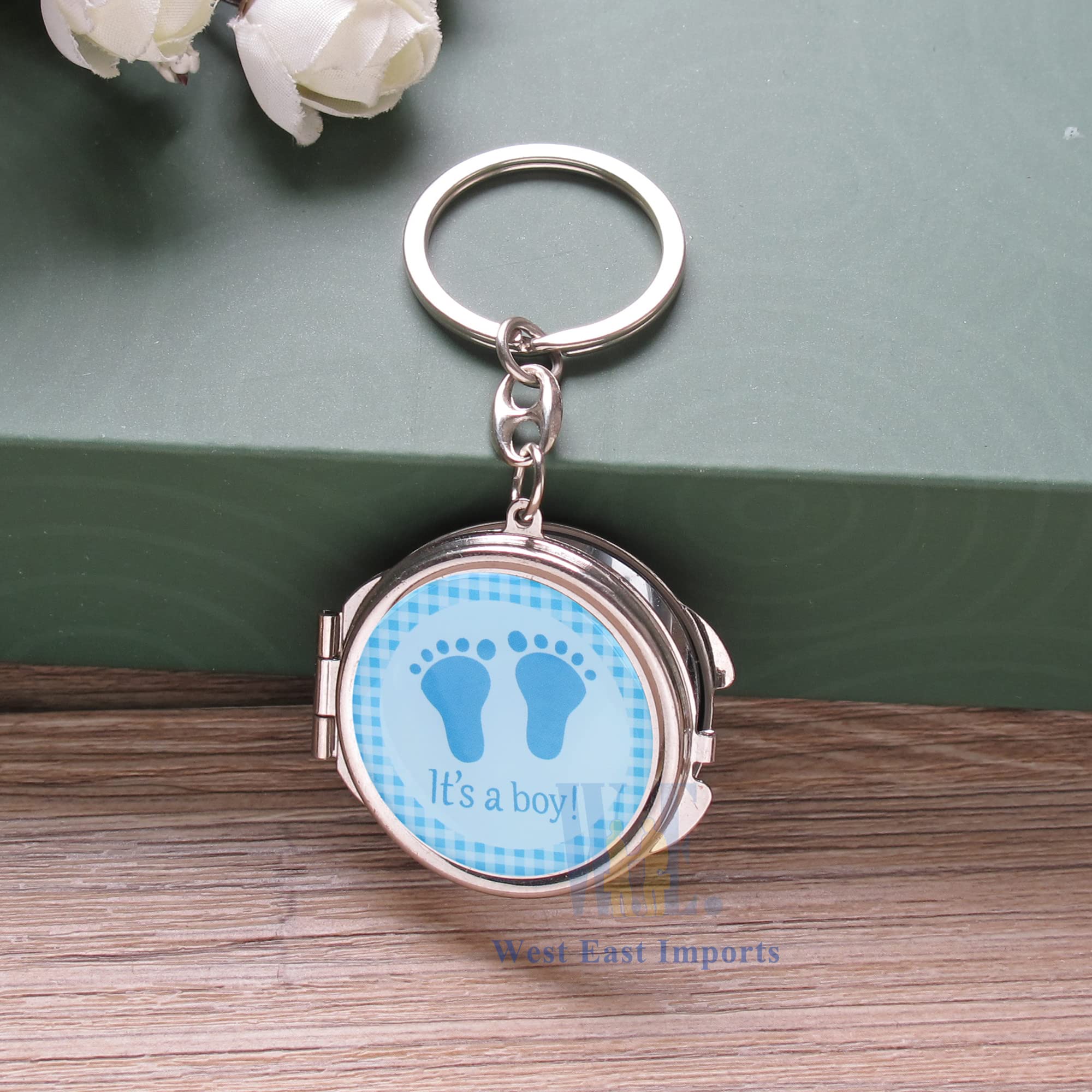 12 PCS Personalized Baby Shower Blue Boy Mirror Keychain Favors with Baby Footprint Design Custom Engraving Gift
