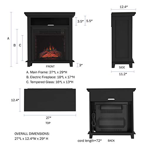 29-Inch Tall Electric Fireplace TV Stand – Freestanding Entertainment Console with Shelf, Faux Logs and LED Flames by Northwest (Black)