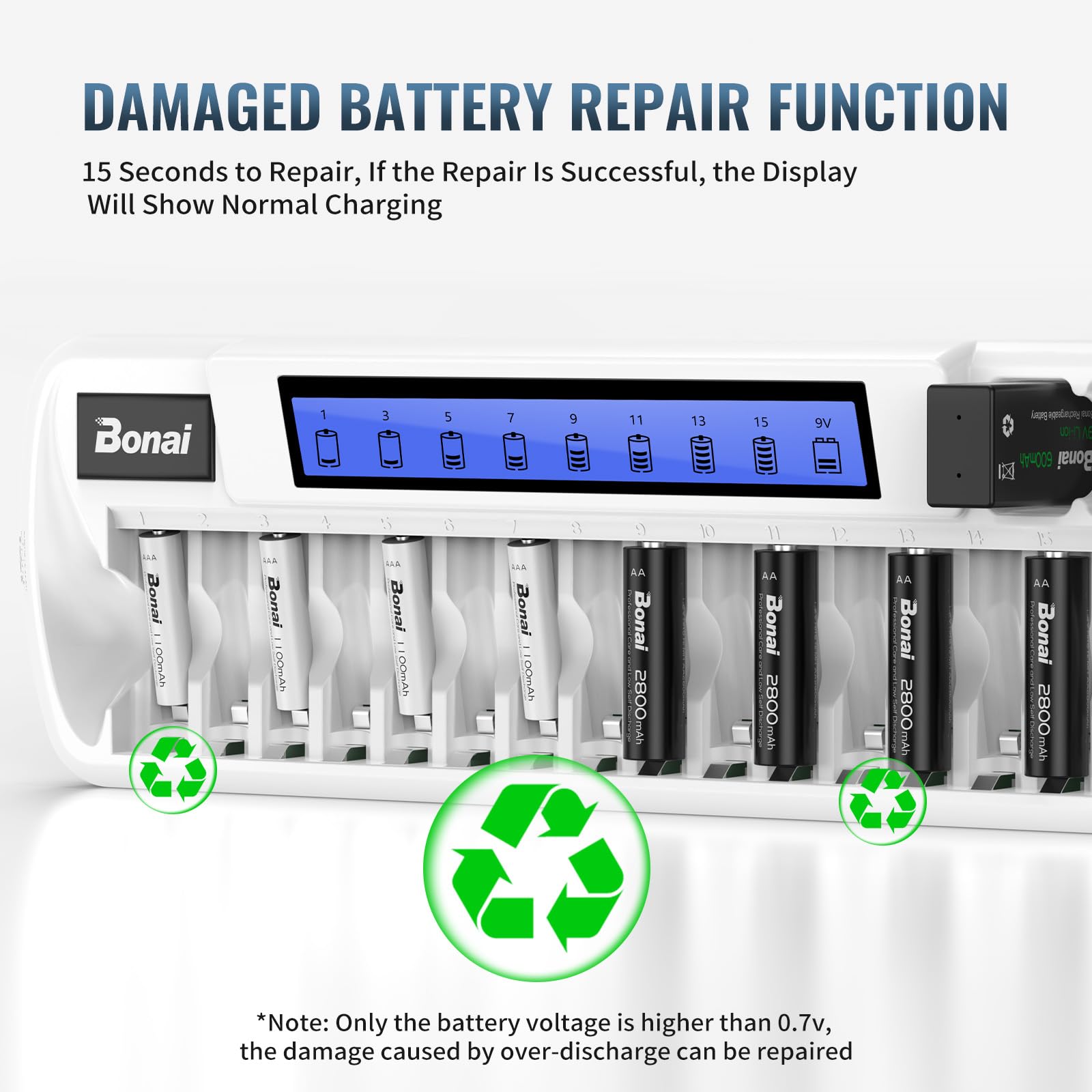 Bonai 16+2 Bay AA AAA 9V Battery Charger for NiMH NiCD Rechargeable Batteries Independent Control with Smart LCD Display and AC Wall Adapter, Battery not Included - White