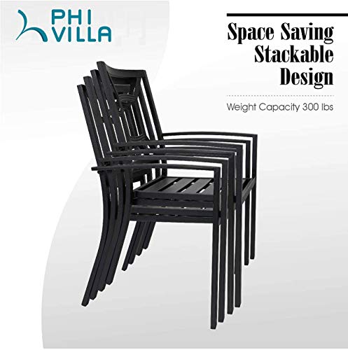PHI VILLA 7 Piece Outdoor Dining Table Set, 61"x37" Rectangular Dining Table with Wood Top & 1.56β Umbrella Hole and 6 Metal Chairs for Patio, Deck