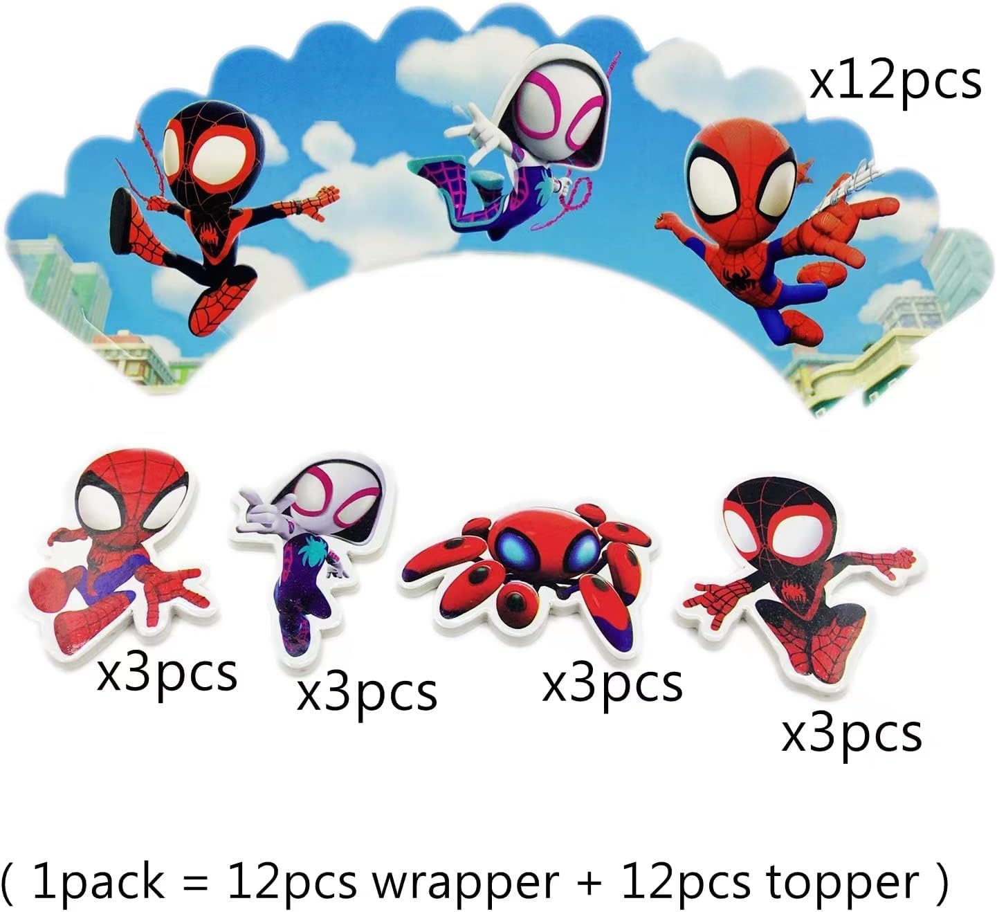 12 Pcs Spider and His Friends Cupcake Decorations, Double Sided Toppers and Wrappers, Superhero Decorations, Boys and Girls Birthday Party Supplies