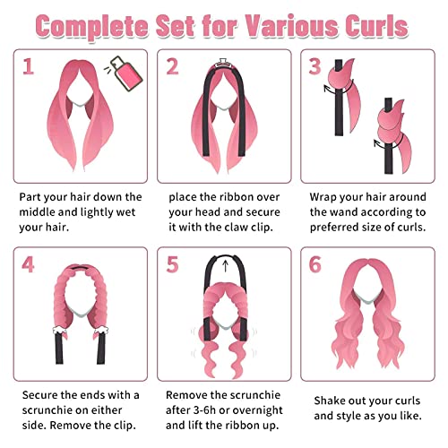 Heatless-Hair-Curler, Upgraded Segmented Design No Heat Silk Curls Headband for More Comfortable Sleep Overnight, Silk Curling Ribbon for Hair with Rubber Bands and Clips (Pink)