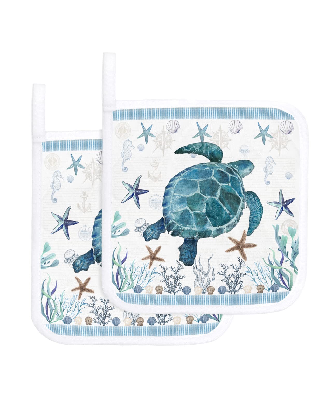 2 Pack Pot Holders Heat Insulation Potholder, Sea Turtle Hot Pads Multipurpose Oven Pads Terry Cloth Potholders for Kitchen Cooking Baking Dining Table Ocean Themed Starfish Seaweed