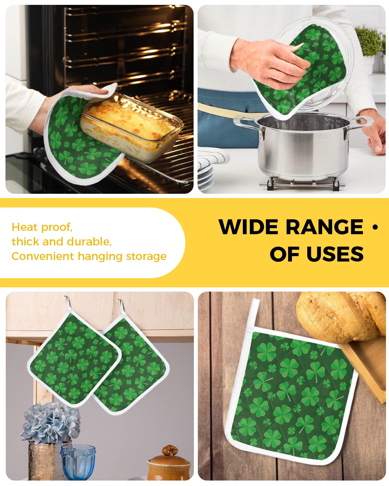 2 Pack Pot Holders for Kitchen,St. Patrick's Day Green Shamrock Heat Proof Potholder Hot Pads Trivet,Four Leaf Clover Black Back Seamless Washable Coaster Potholders for Cooking Baking Grilling