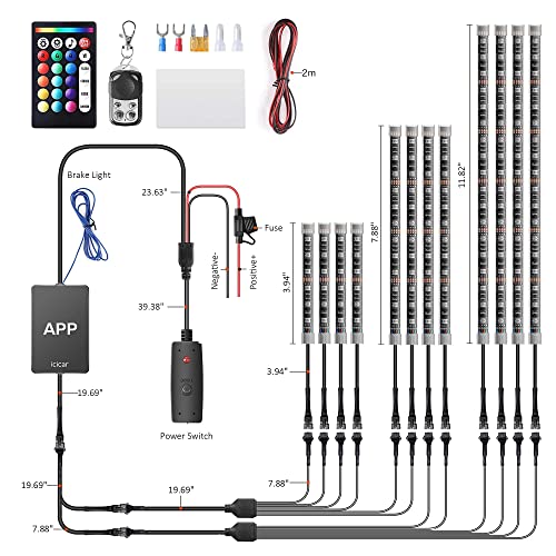 12PCS Motorcycle LED Underglow Kit, icicar Motorcycle Lights App Control Music Sync LED Motorcycle Lights Brake Feature Waterproof Dual Remote Motorcycle Underglow LED Light Kit for UTV ATV Golf Cart