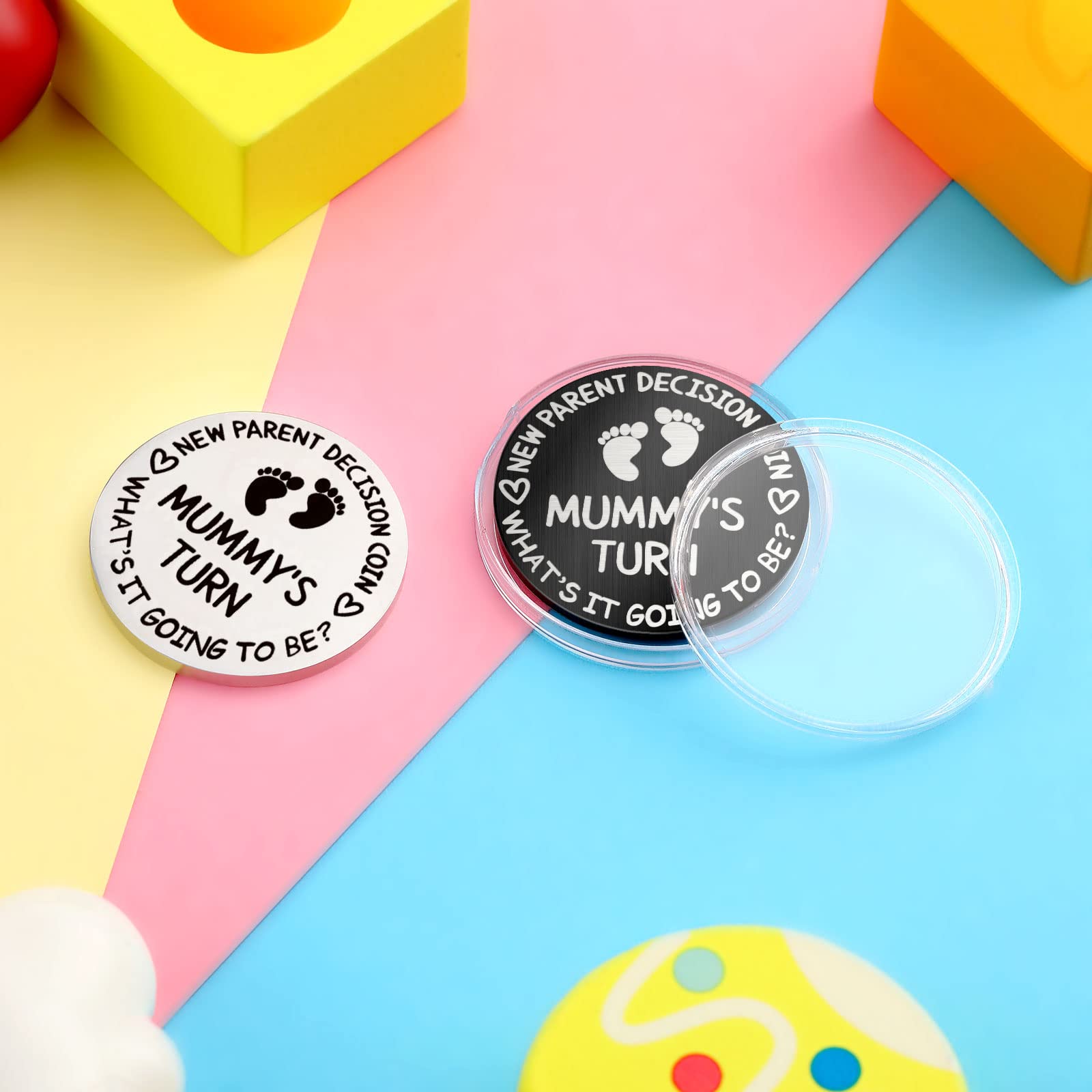 Hicarer 2 Pieces Fun New Parents Decision Coin Double Sided Decision Making Coin New Baby Pregnancy Gift for First Time Mommy Daddy Push Present for Christmas Thanksgiving Sliver and Black