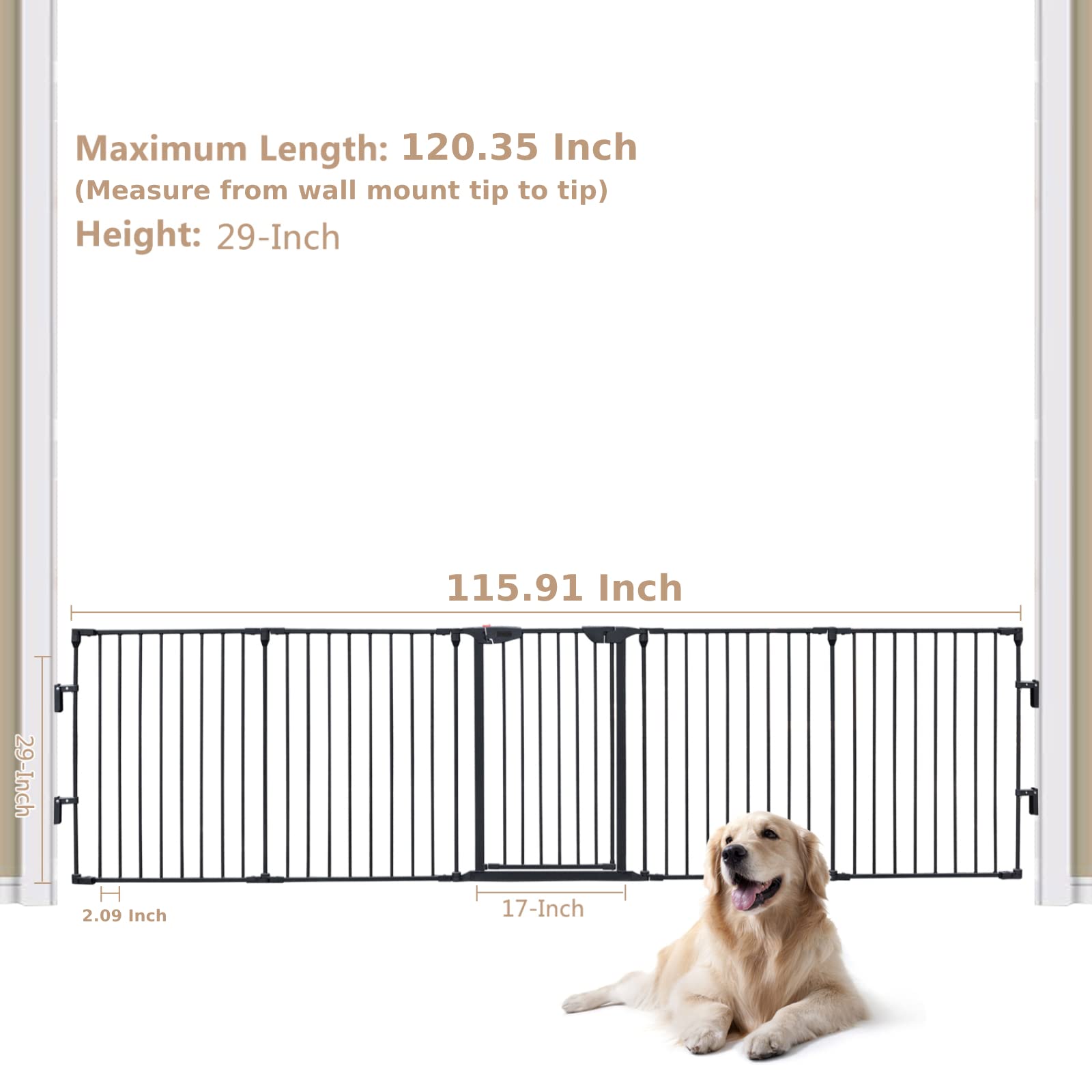 Bonnlo 119 Inch Extendable Dog Gate for Wide Doorways, Fireplace Gate Hearth Gate Indoor Extra Wide Gate, Wall Mounted Black