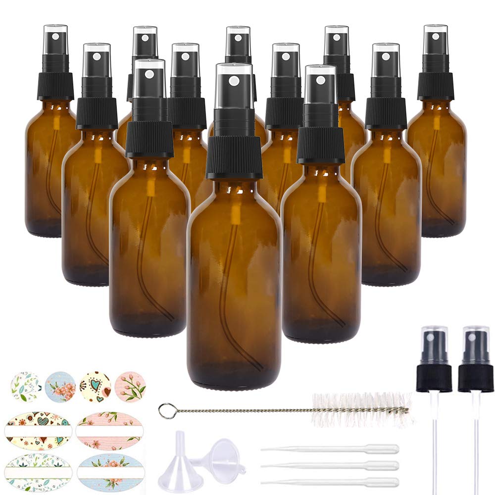 12 Pack, HwaShin 2oz Amber Glass Spray Bottles with Black Fine Mist Sprayers for Essential Oils, Perfumes & Aromatherapy (1 Brush, 2 Funnels, 3 Droppers, 2 Extra Nozzles, 24 Pieces Labels Included)