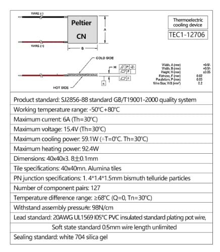 Teyleten Robot TEC1-12706 Heatsink Thermoelectric Cooler Cooling Peltier Plate Module 12V 6A 30W 40x40MM (5PCS)
