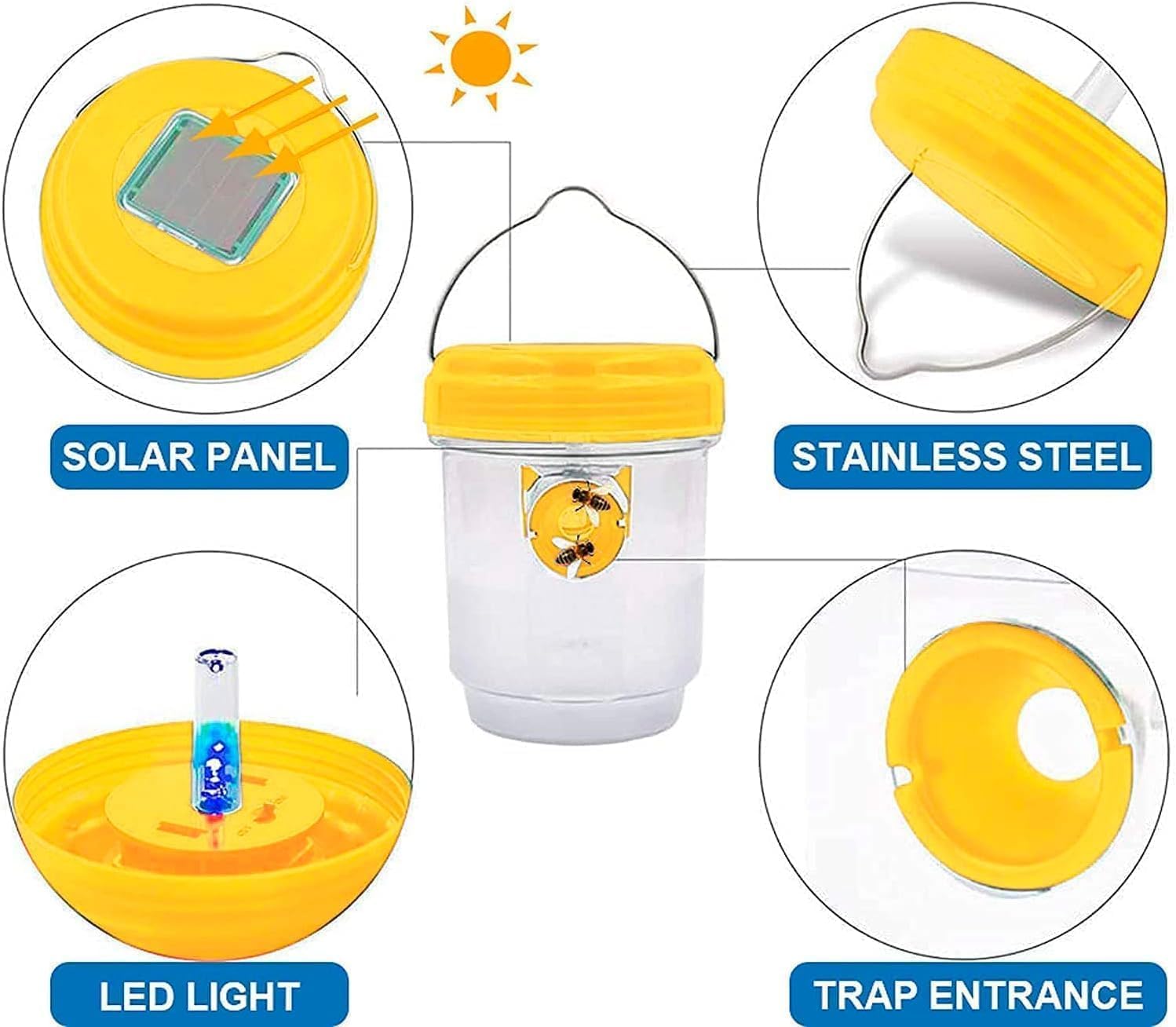 2 Packs Wasp Trap - Solar Powered Bee Trap Outdoor for Yellow Jackets, Hornets and Wasps - Durable Wasp Killer and Bee Killer - Reusable Yellow Jacket Trap and Insect Trap