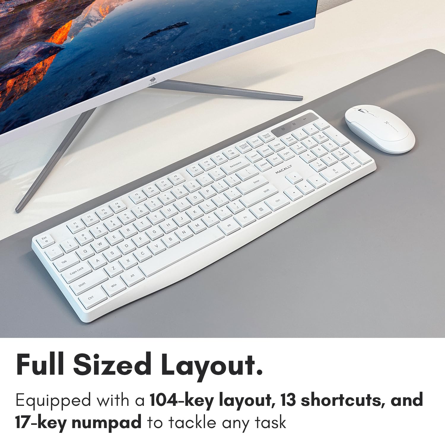 Macally Wireless Keyboard, 2.4G Wireless White Keyboard - Ergonomic Full Size Computer Keyboard with Numeric Keypad for Laptop, Desktop, Surface, Chromebook, Notebook