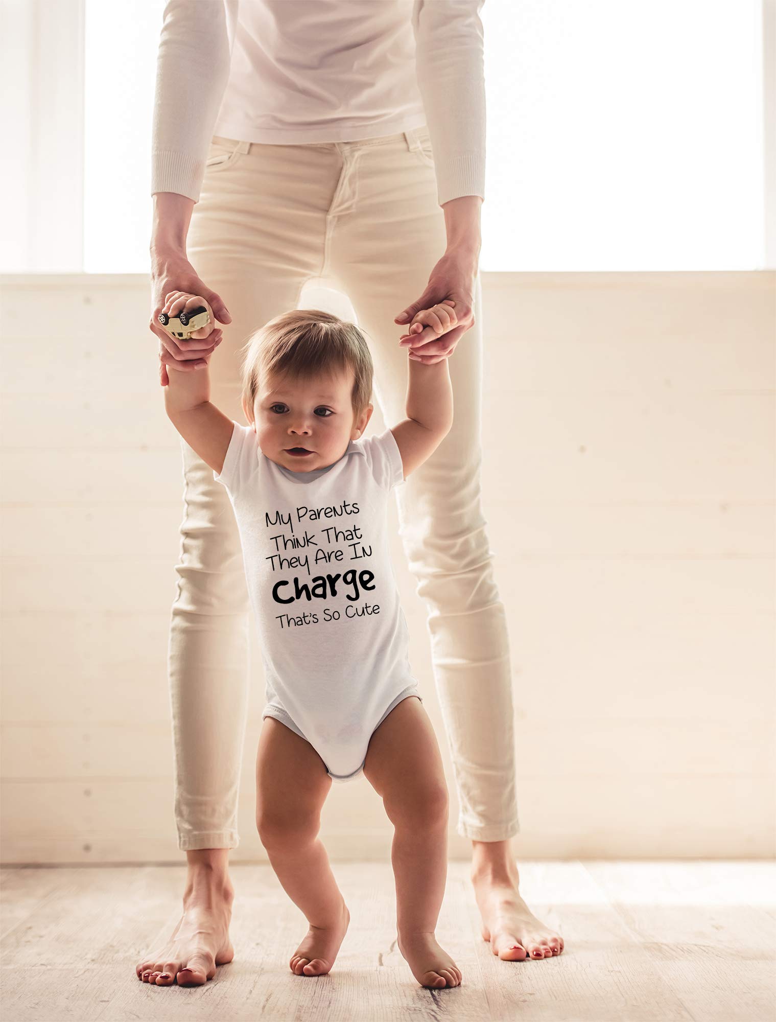 CBTwear My Parents Think That They Are in Charge Baby Bodysuit Funny Infant Outfit Unisex Humor Romper (Newborn, White)