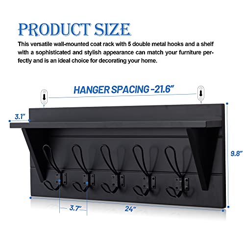 Zoopolyn Wall Shelf with Hooks Underneath 24ββ Long Wall Mounted Coat Rack with Shelf Coat Rack Wall Mount with Shelf Key Hooks for Wall Entryway Shelves for Wall 5 Triple Hooks Black