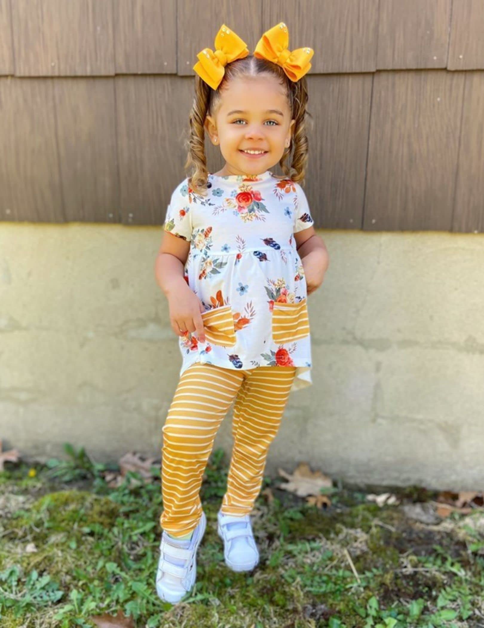 Arshiner Little Girls Outfits Floral Hi-Lo Tops+Pants Sets Short SLeeve 2pcs Pants Sets with Pockets