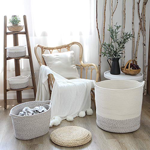 Sea Team Oval Cotton Rope Woven Storage Basket with Handles, Diaper Caddy, Nursery Nappies Organizer, Baby Shower Basket for Kid's Room, 14.2 x 9 x 11.4 Inches (Medium Size, Mottled Brown)