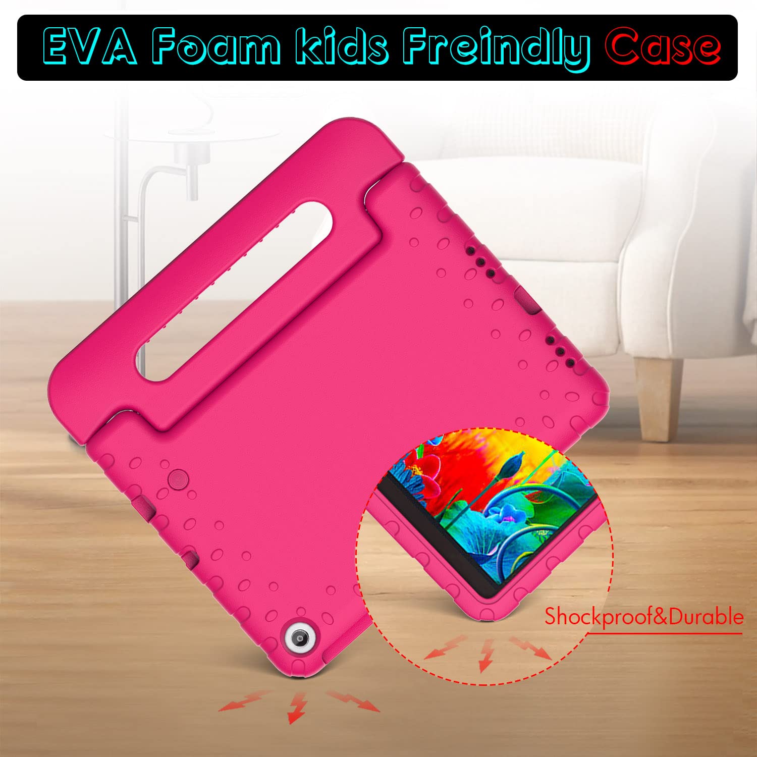 CCambro Kids Case for LG G Pad 5 10.1 FHD 2019 (Model: LMT600), Light-Weight EVA Soft Foam Durable Rugged Shockproof Kidsproof Child Cover Foldable Handle to Kickstand, Rosered