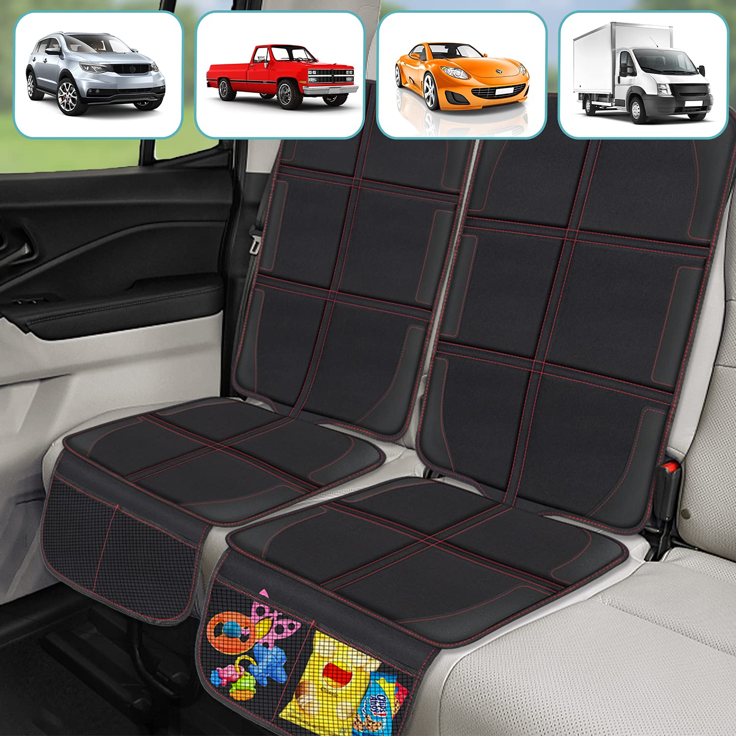 DOVODA Car Seat Protector, 2 Pack Large Auto Seat Protectors Protect Child Seats with Mesh Pocket, Thickest Padding Pat Durable, Waterproof 600D Fabric, Child Car Seat Cover for SUV Sedan Truck