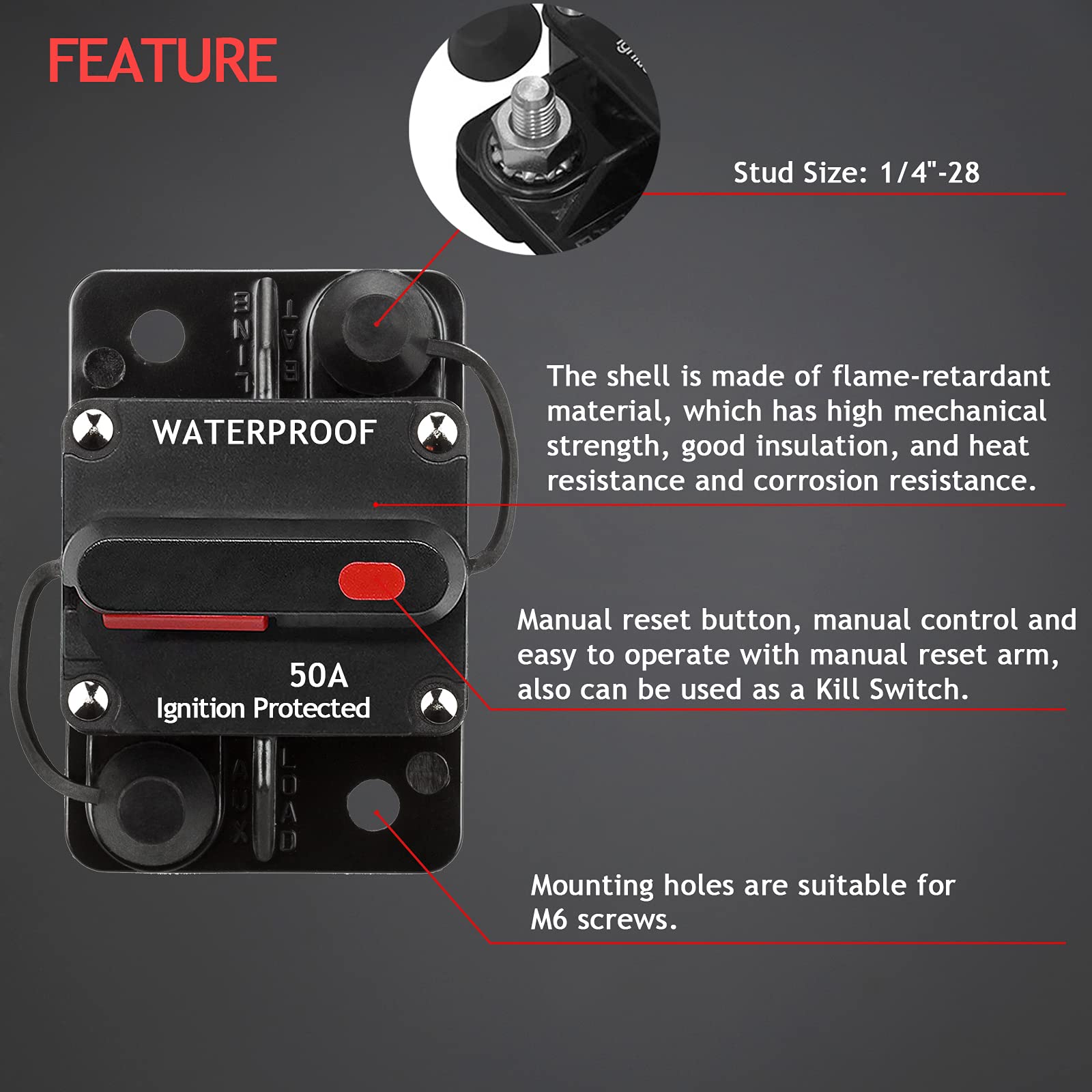 Hamolar 3 Pack 50A Auto Car Stereo Audio Circuit Breaker Fuse 12-48VDC Manual Reset Button Switch Fuses, with Wire Lugs Copper Washer
