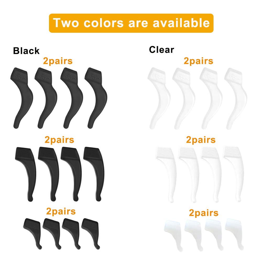 12 Pairs Kids and Adults Sport Eyeglasses Temple Tips Sleeve Retainer, Anti-Slip Eyeglasses Ear Grips,Soft Silicone Ear Hooks, Comfortable Eyeglasses Strap Holders, Eyewear Retainers(Black,Clear)