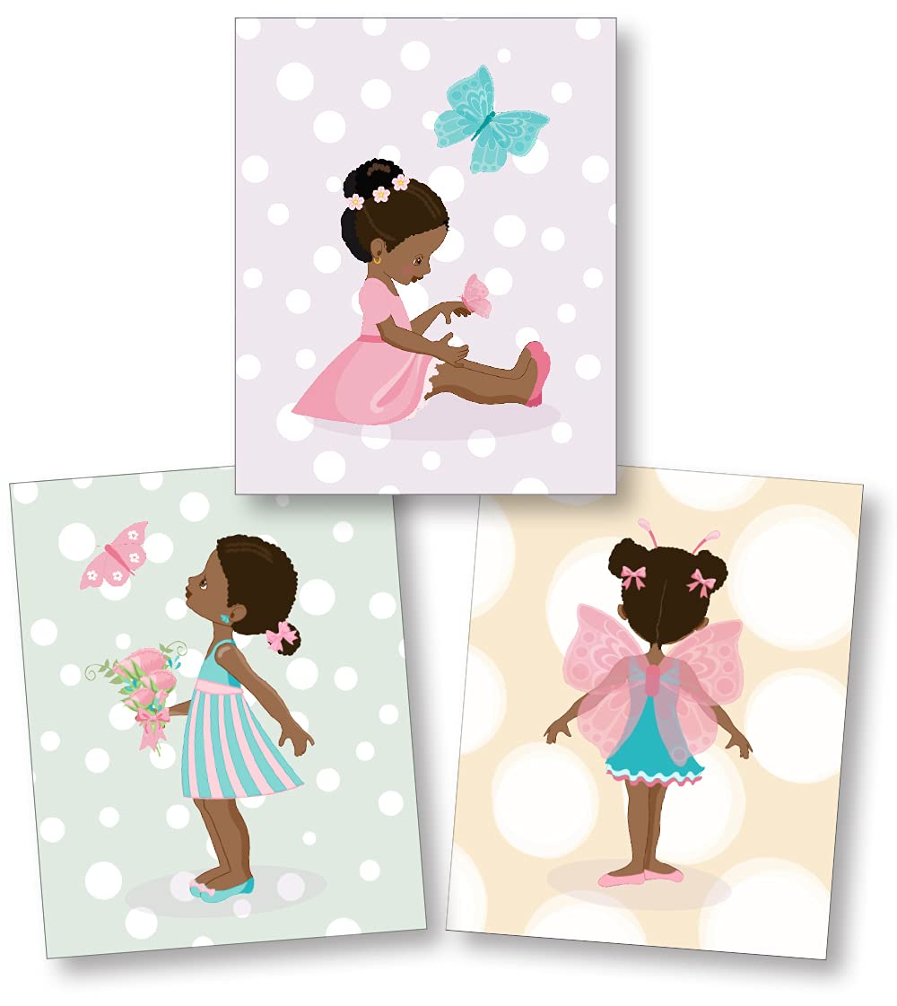 Confetti Fox Little Girl Black Hispanic Latina Wall Art, African American Baby Ballerina Toddler Nursery Decor (8x10 Unframed Set of 3 Prints)