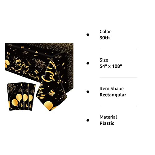 3 Pack 30th Happy Birthday Tablecloth Disposable Plastic 30th Birthday Table Cover Rectangular Black and Gold Table Cloths for Parties Decoration Supply for Men Women Birthday, 54 x 108 Inch(30th)