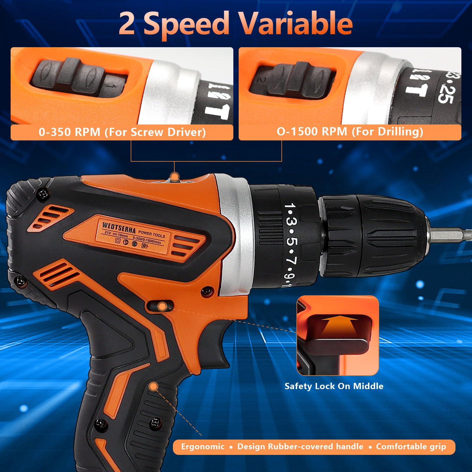 21V Cordless power drill bit&tool kit set,3/8"Keyless Chuck,25+1Clutch,Dual 2Variable speed settings:0-1500 RPM,1.5Ah Li-Ion Battery 3000mAh Rechargeable Used3~5H,life ​260times for Home tools box