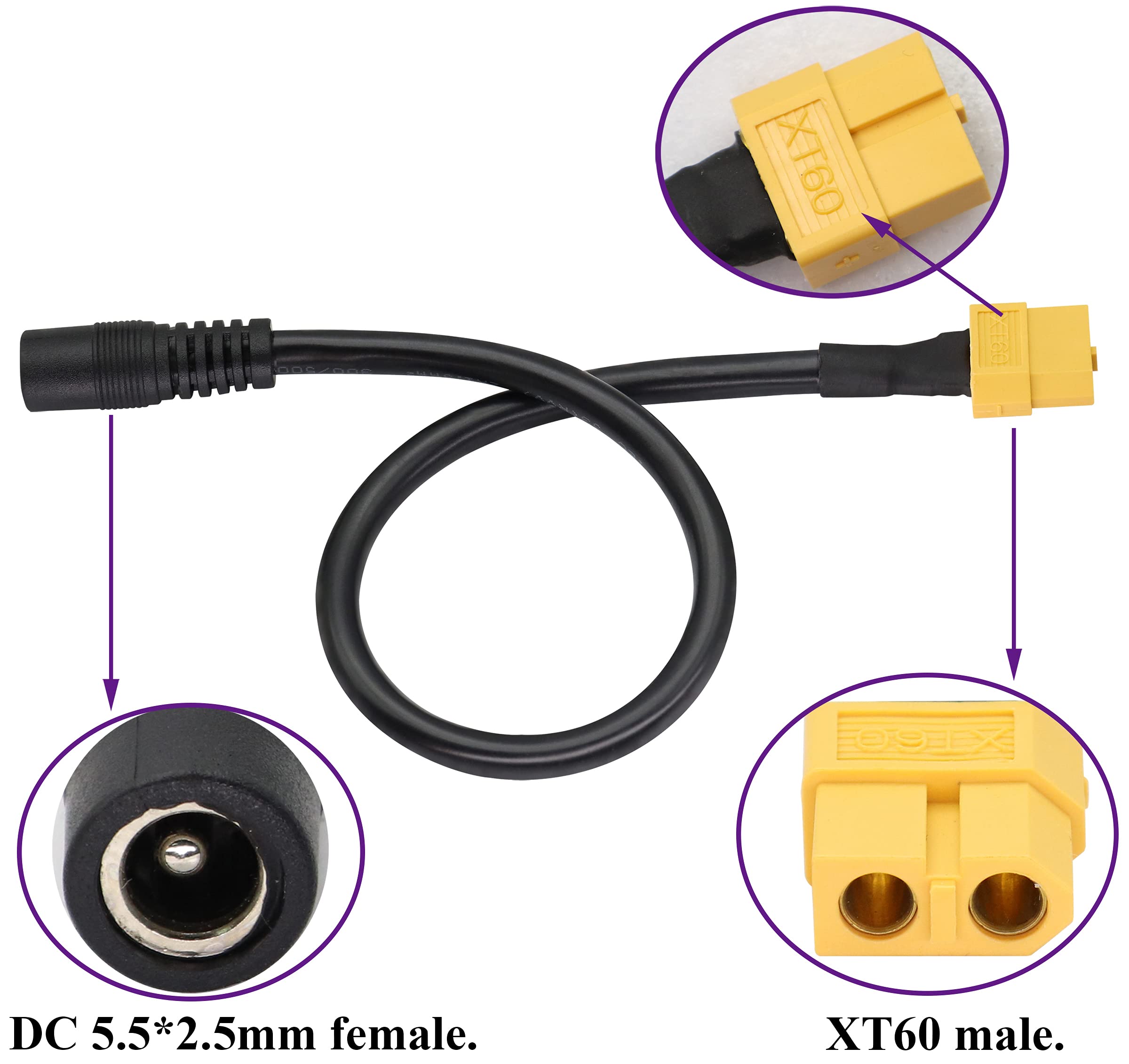 AAOTOKK XT60 to DC Adapter Cable XT60 Bullet Connector Female to DC 5.5mm X 2.5mm Female Power Jack Adapter Cable for TS100 Soldering Iron, FPV Monitor Power,Drone Power Cord.(30 cm-2Pack)