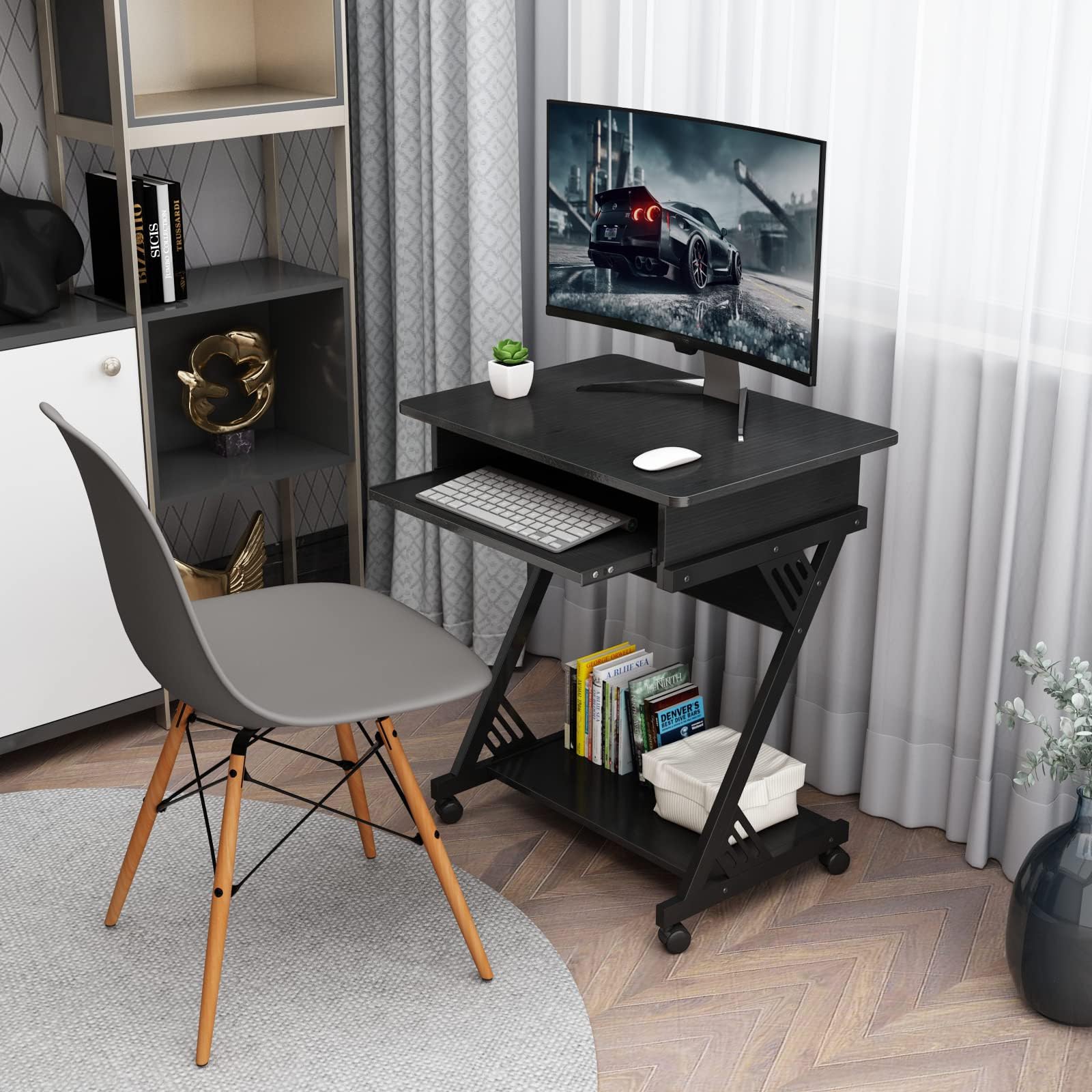 24 Inch Small Computer Desk, 30 Inch Tall Small Standing Desk with Wheels, Rolling Desk for Computer and Bedroom, Home Office Computer Desk, Mobile Computer Portable Laptop Cart with Shelves, Black