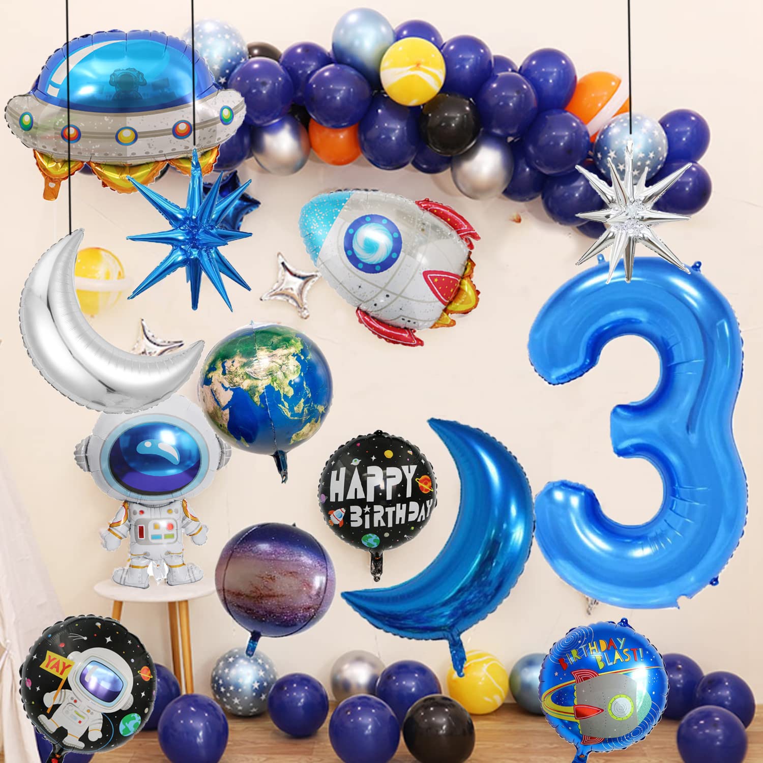 13 PCS Space Theme Birthday Party Decoration - Outer Space Balloons for 3rd Birthday Supplies, Foil Balloons for 40 Inch Blue Number 3 Astronaut Rocket Star Moon Galaxy Earth (3rd)