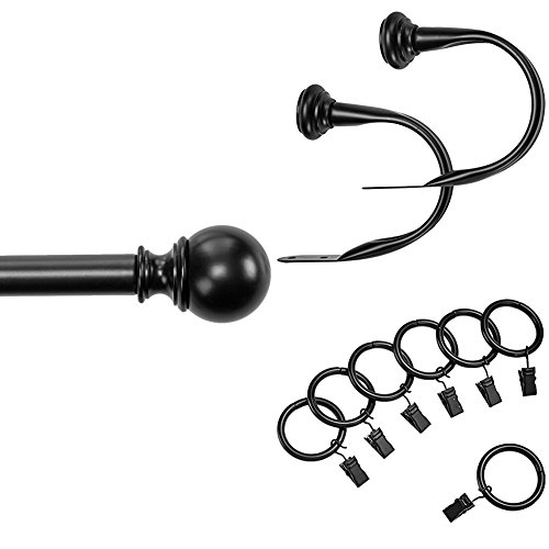 Amazon Basics 1" Curtain Rod With Round Finials, 72" to 144", Clip Rings (Set of 7) & Holdbacks (Set of 2), Black
