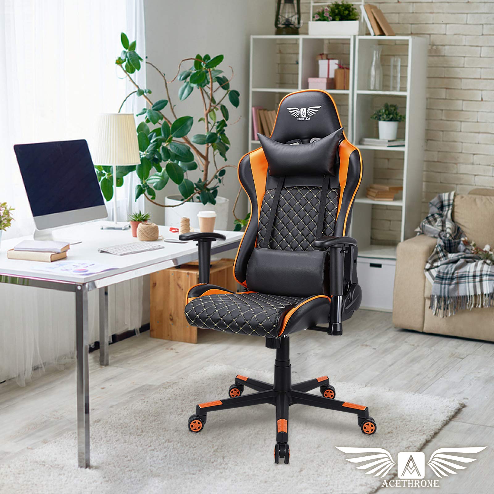 Acethrone Gaming Chair High Back Computer Chair Soft PU leather office Desk Chair Racing Executive Ergonomic Adjustable Swivel Task Chair Reclining with Headrest and Lumbar Support for Adults (Orange)