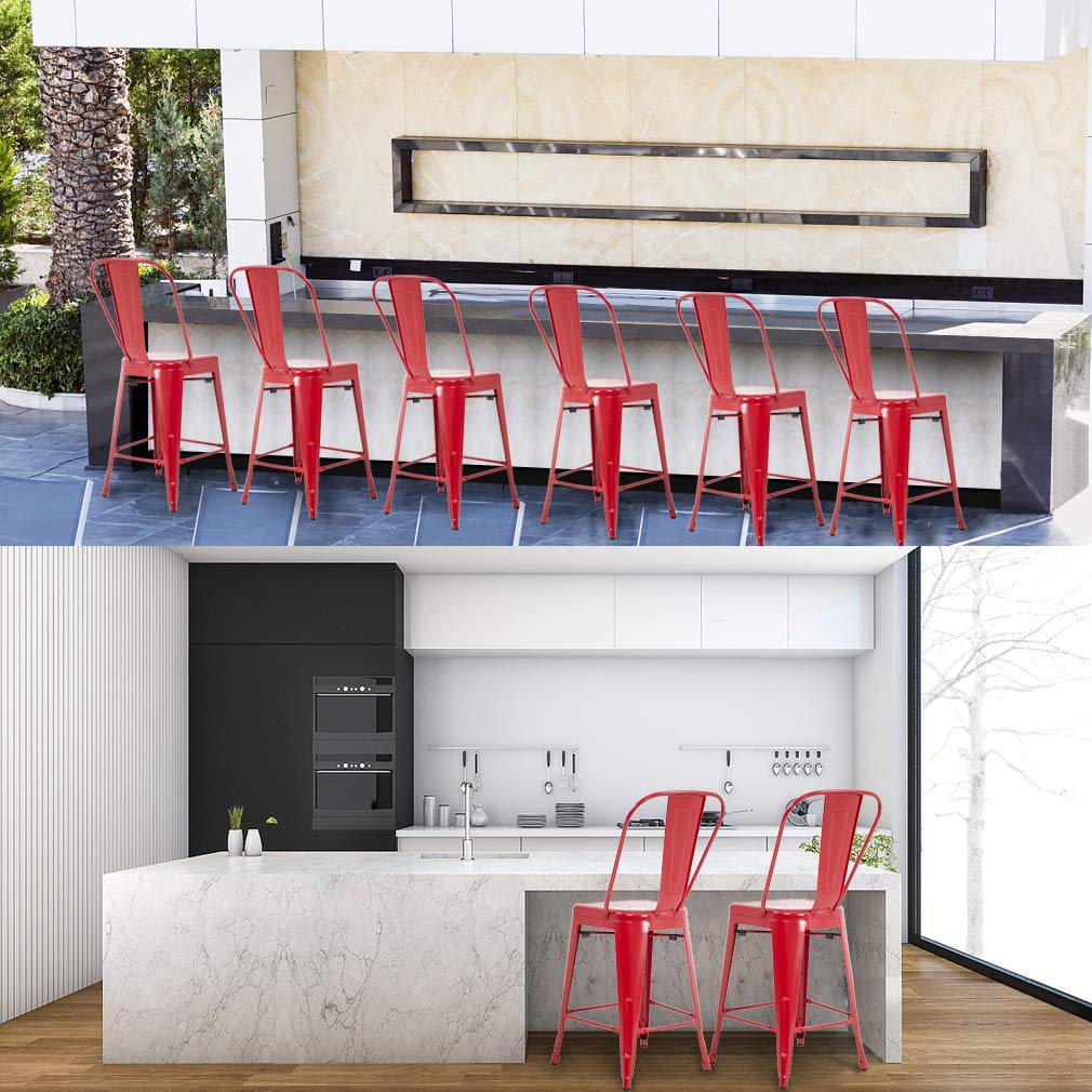 24 Inches Bar Stool Set of 4 Counter Height Barstool with Back Seat Height Industrial Bar Chairs Indoor Outdoor Metal Bar Stool Kitchen Stools Restaurant Patio Stool Stackable Modern Kitchen Stool