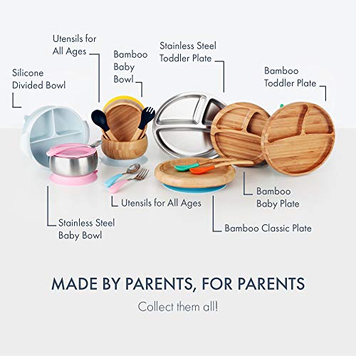 Avanchy Bamboo Divided Baby Plate, Bowl & Assorted Spoons Set - Suction Plates and Bowls for Toddlers - 9 Months and Older (Gray)