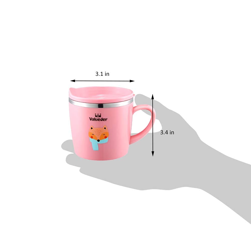 Valueder Baby Kids Toddler Sippy Cup Mug for Milk, Coffee, Stainless Steel Trainer Straw Cup with Lid, Fox, 7oz/Pink