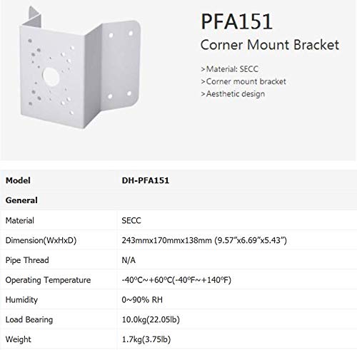 DH-PFA151 Aluminum Alloy Corner Mount Bracket PFA151 CornerMounting Brackets for Dahua Bullet and PTZ Cameras Compatible w/ AMCPFA134 AMCPFA136 AMCPFA13A AMCPFA120 IP2M-850EB IP2M-853EW IP2M-858W IP4
