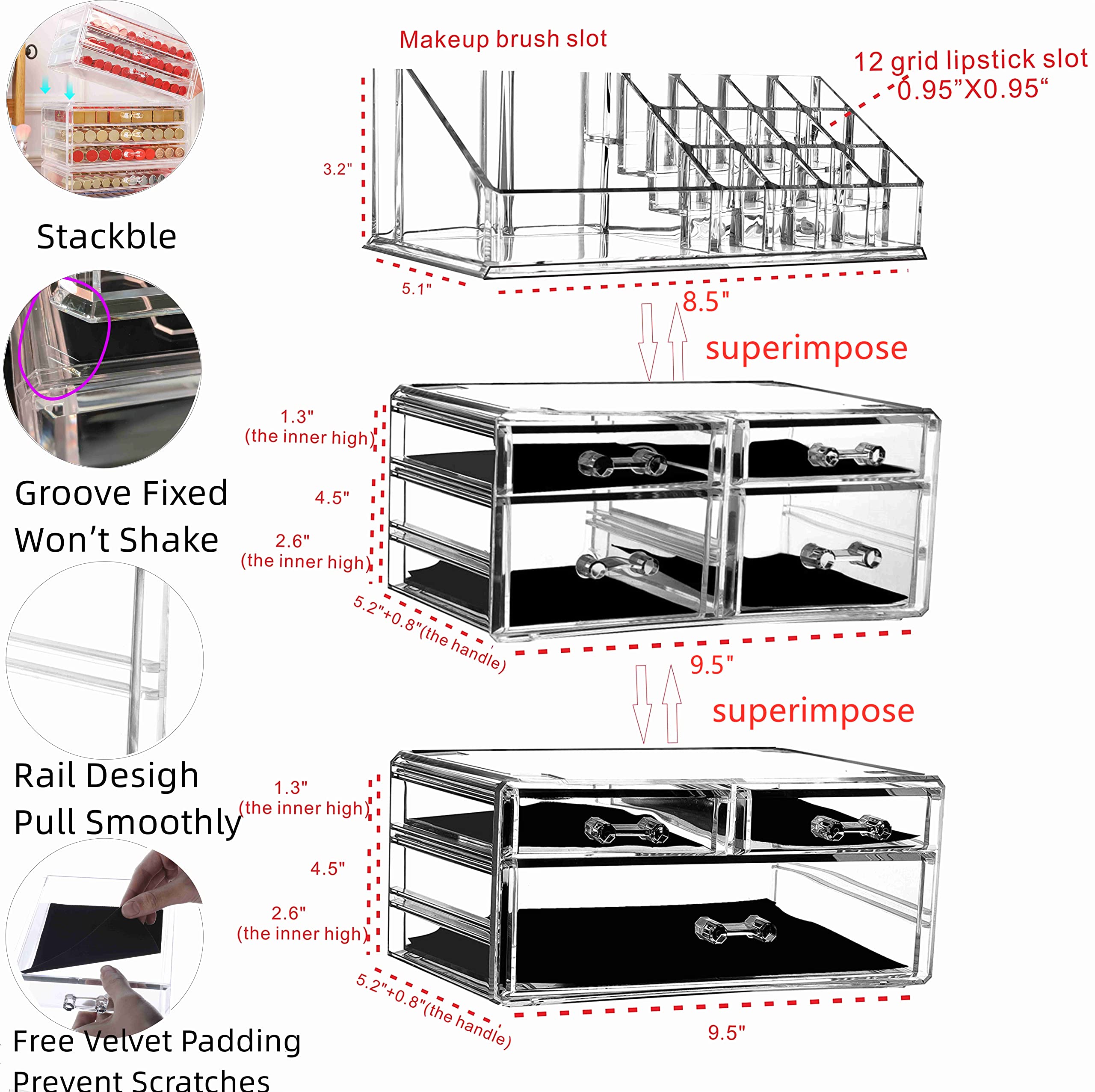 Cq acrylic 3 Pack Clear Makeup Storage Organizer,Stackable 7 Drawers Make up Organizers,Cute Desk Organizer for Vanity Jewelry,Hair Clip,Beauty,Skincare Product Bathroom Counter Organizers and Storage